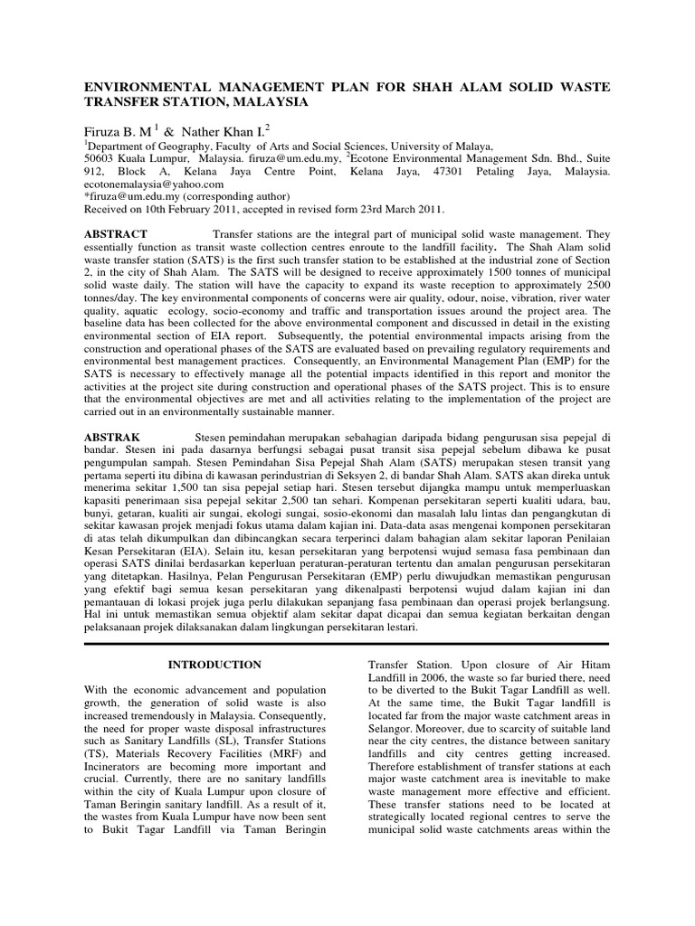 Environmental Management Plan For Shah Alam Solid Waste | PDF ...