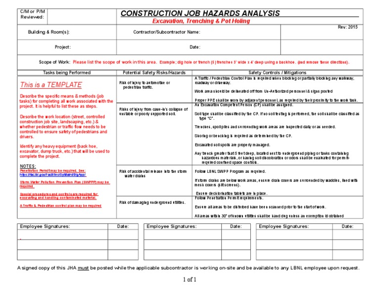Excavation Safety Hazard Analysis Template | PDF | Excavation ...
