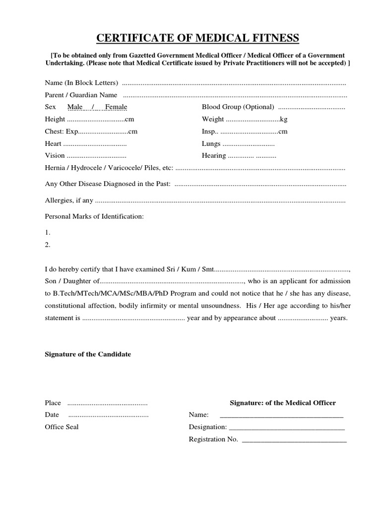 Certificate For Medical Fitness For Education | PDF | Health Care ...