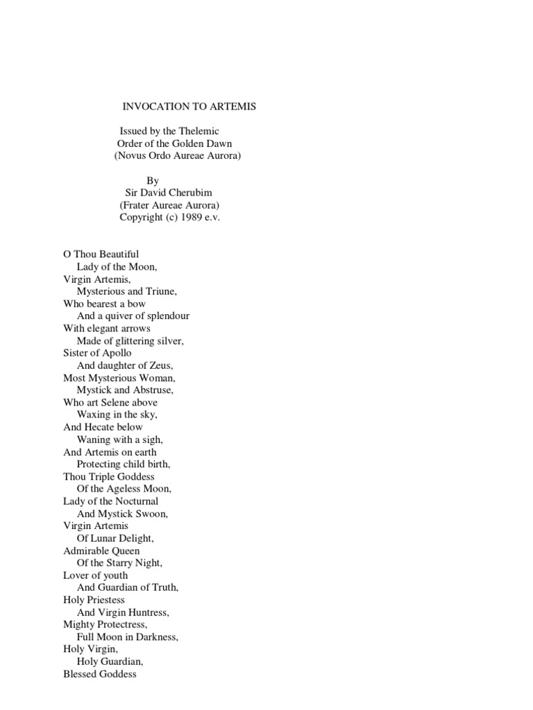 Invocation To Artemis - The Thelemic Order and Temple of The Golden ...