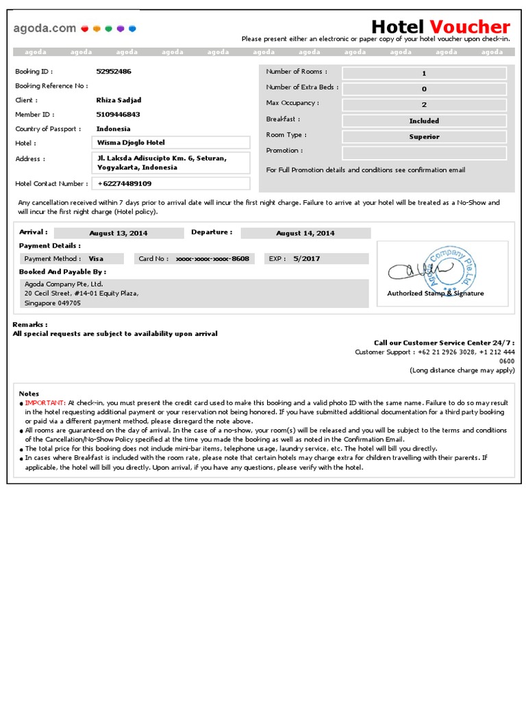 Confirmation For Booking ID # 52952486 | PDF | Hotel | Credit Card