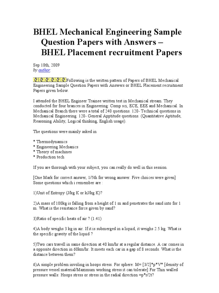 BHEL Mechanical Engineering Question Papers | PDF | Gear | Electrical ...