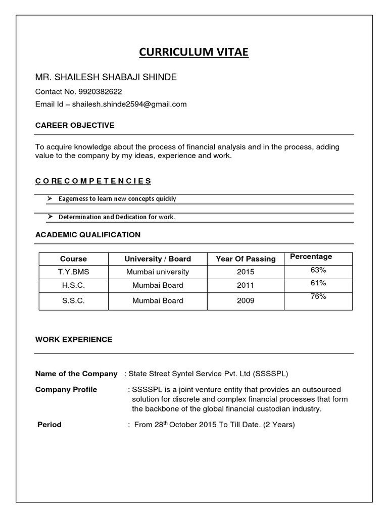 Curriculum Vitae: Mr. Shailesh Shabaji Shinde | PDF | Career & Growth ...