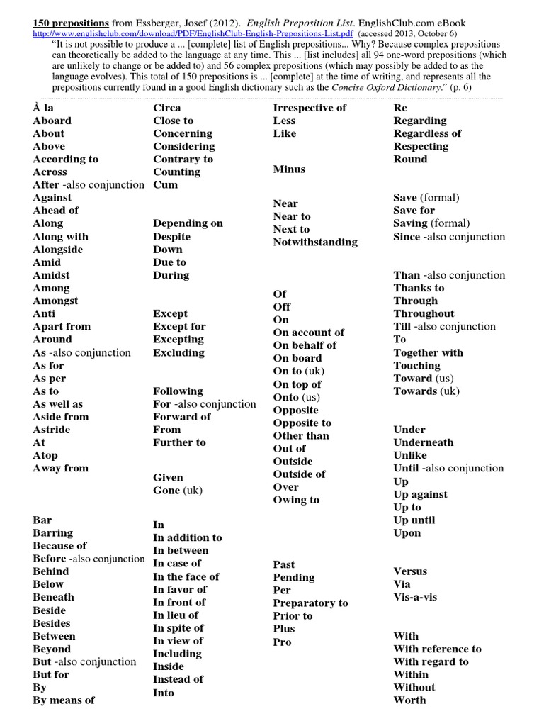 PHRASE Prepositions List of 150 JSL | PDF | Preposition And ...