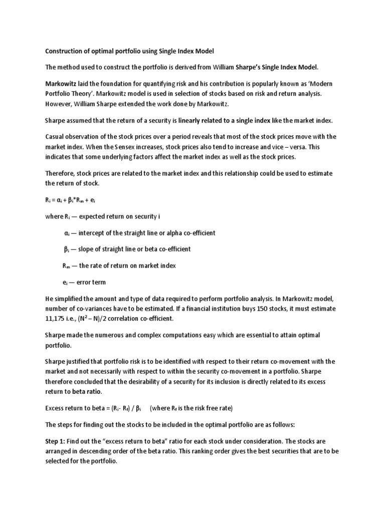 Portfolio Using Sharpe's Single Index Model | PDF | Beta (Finance) | Modern Portfolio Theory