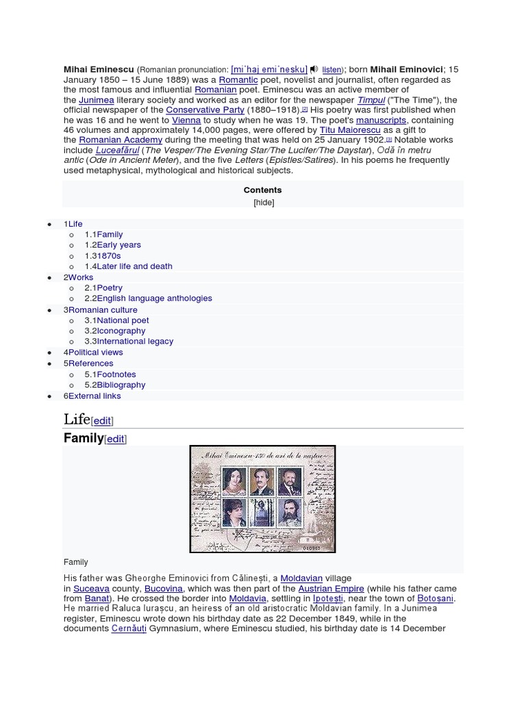 Mihai Eminescu: Life and Works of the Most Famous Romanian Poet | PDF ...