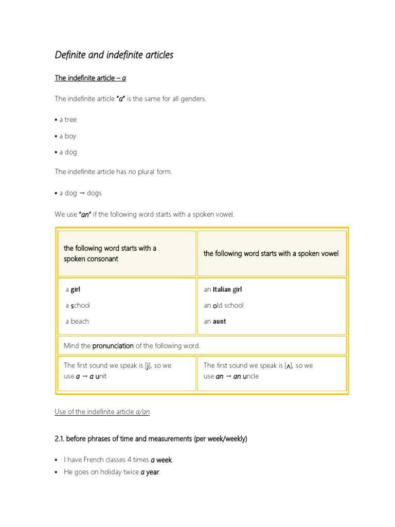 Definite and Indefinite Articles | PDF | Grammatical Gender ...