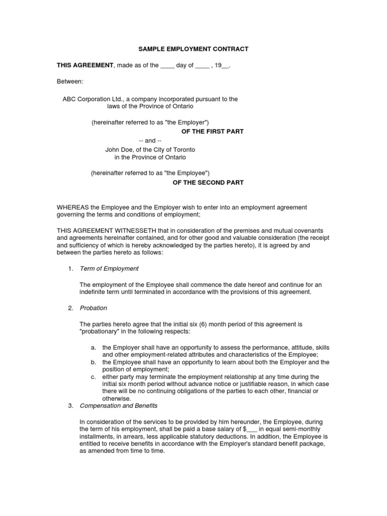 Sample Employment Contracts | Employment | Salary