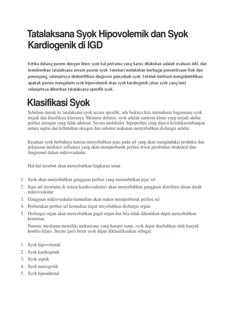 Tatalaksana Syok Hipovolemik Dan Syok Kardiogenik Di IGD | PDF