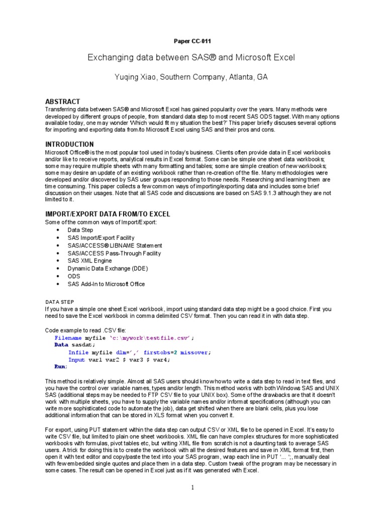 Exchanging Data Between SAS and Excel | PDF | Microsoft Excel | Sas (Software)