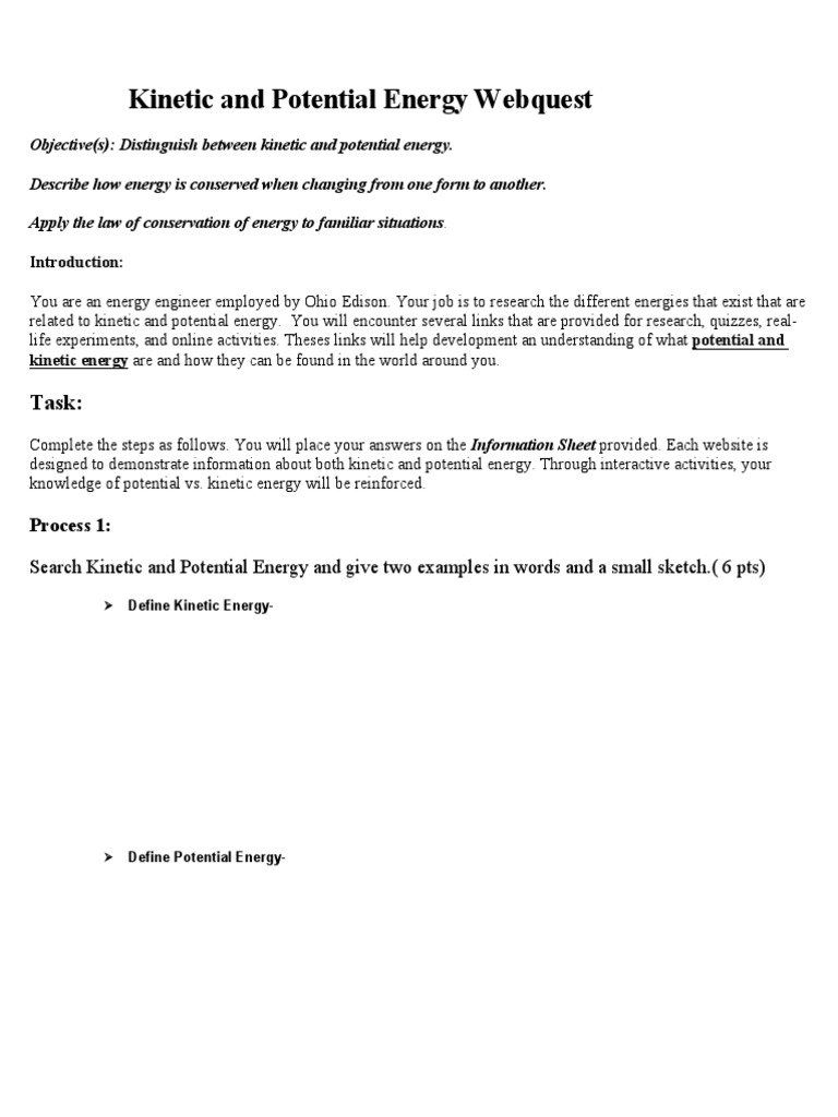 Kinetic and Potential Energy Webquest | PDF | Kinetic Energy ...