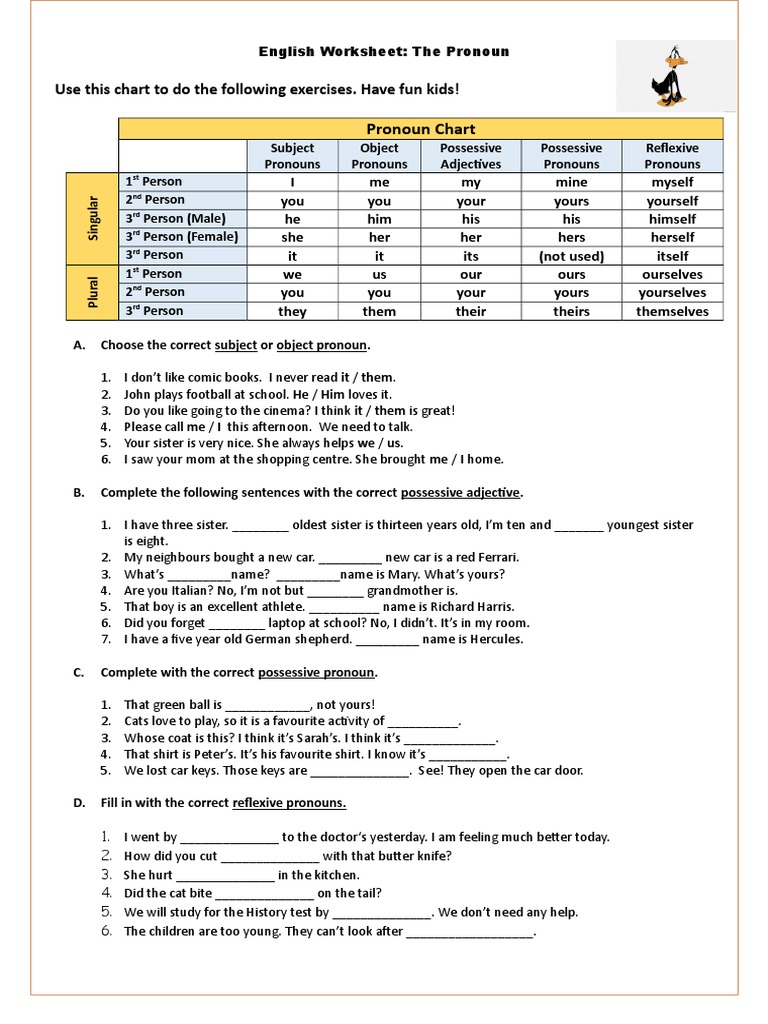 Pronoun Worksheet: Subject, Object, Possessive, Reflexive | PDF ...