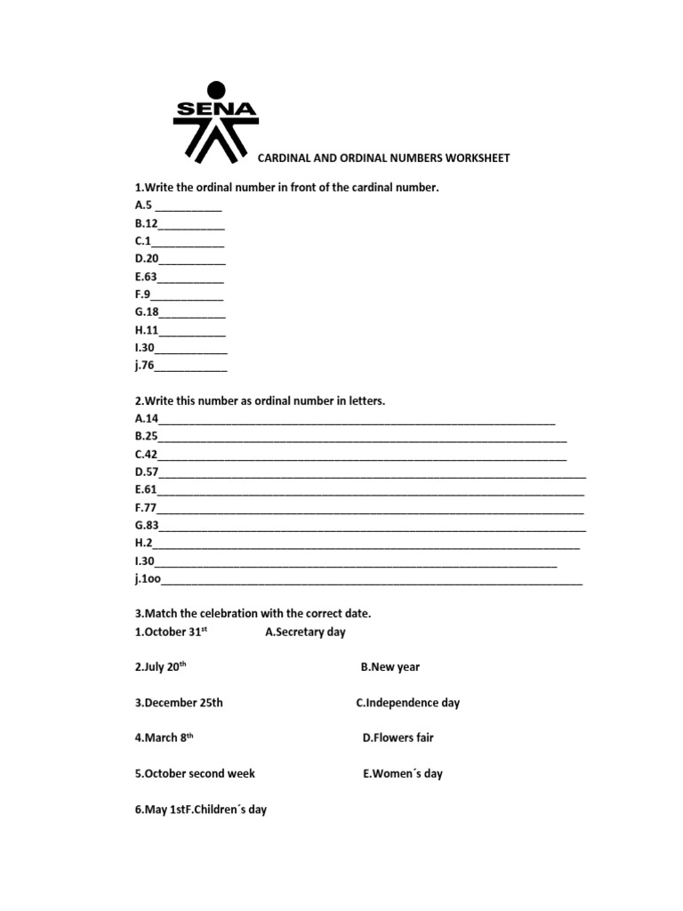 Cardinal and Ordinal Numbers Worksheet | PDF