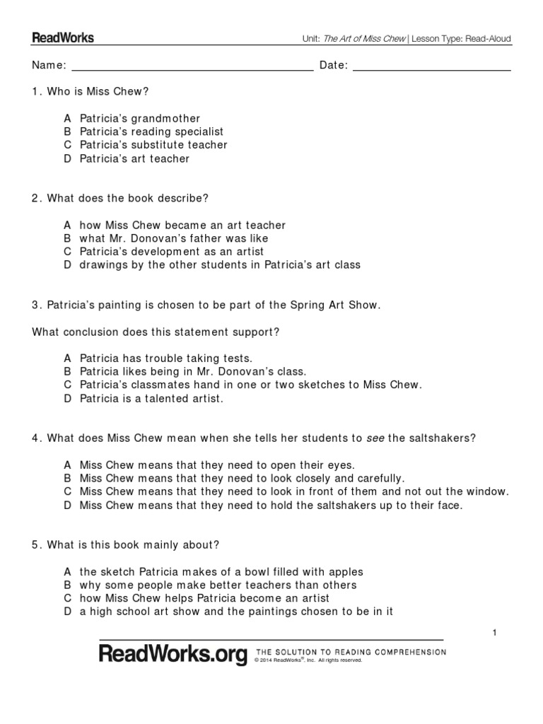 The Art of Miss Chew Read Aloud Lesson Ip Student | PDF | Language Arts ...