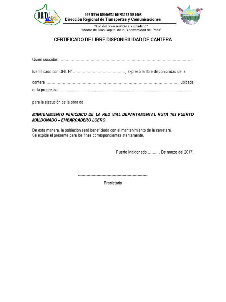 Cert Libre Disponibilidad de Cantera | PDF | Negocios | Finanzas y dinero