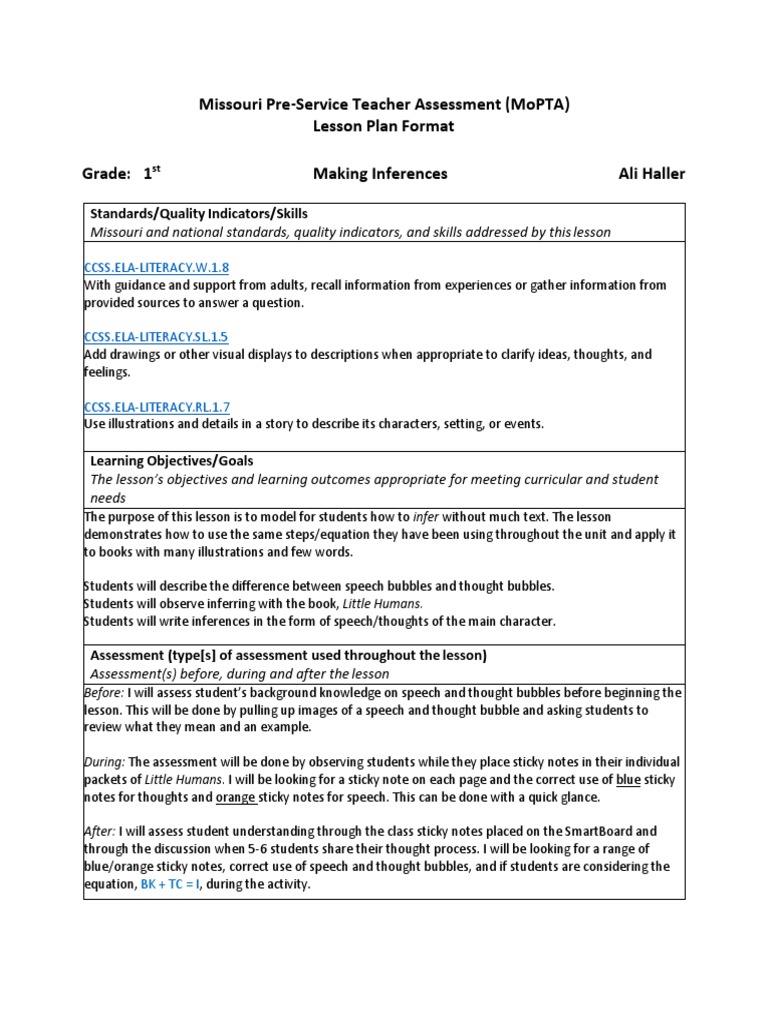 Inferences 3 Lesson Plan | PDF | Educational Assessment | Lesson Plan