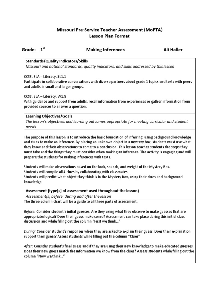 Missouri Pre-Service Teacher Assessment (Mopta) Lesson Plan Format ...