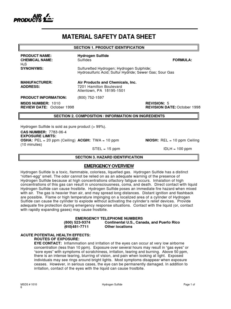 Hydrogen Sulfide MSDS | Superfund | Dangerous Goods