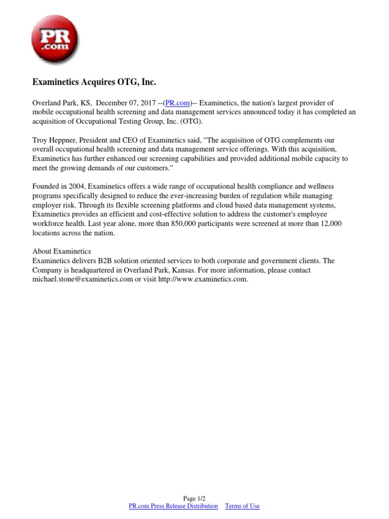 Examinetics Acquires OTG, Inc. | PDF | Computing | Business (General)