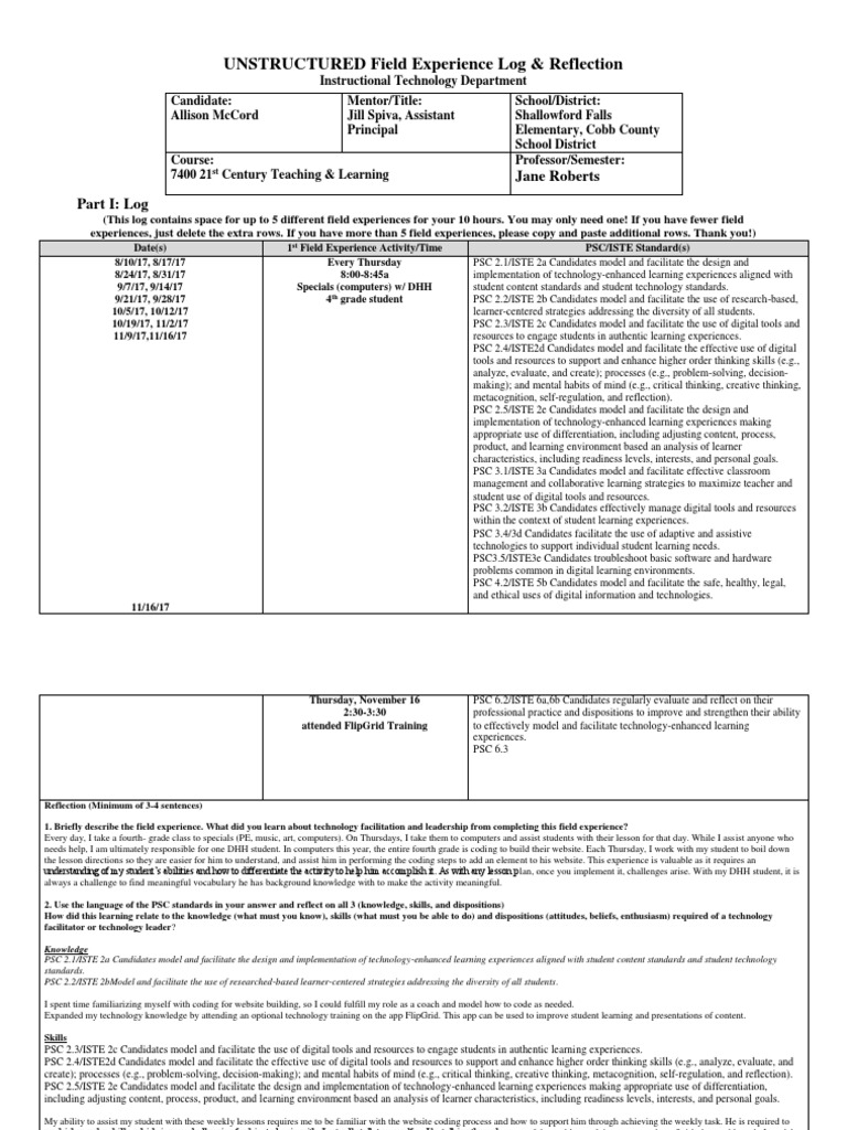 7400 Unstructured Field Experience Log | PDF | Educational Technology ...