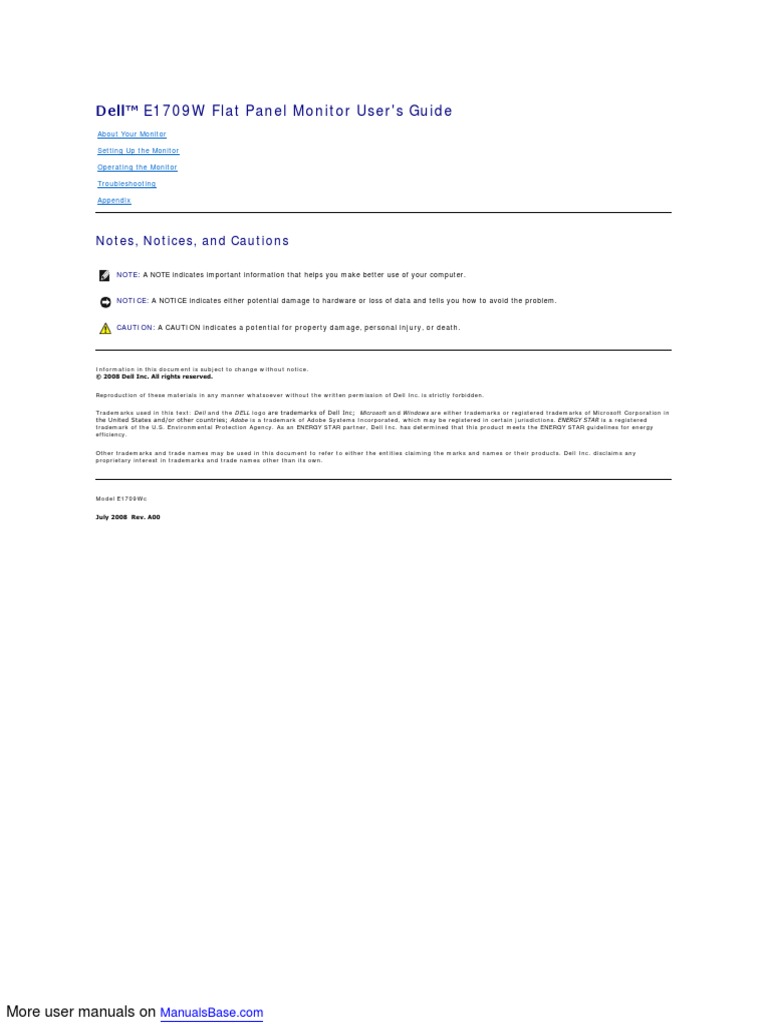 Dell Computer Monitor E1709WC | PDF | Computer Monitor | Display Resolution
