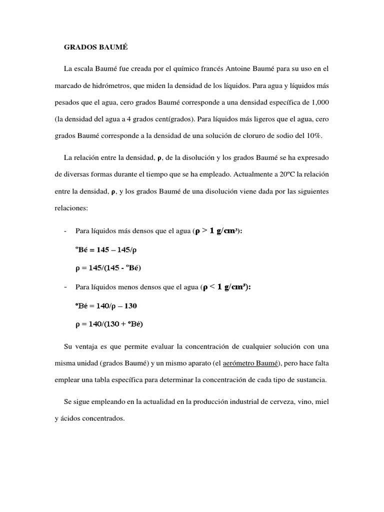 Escala y Fórmulas de Grados Baumé | PDF | Masa | Cantidad
