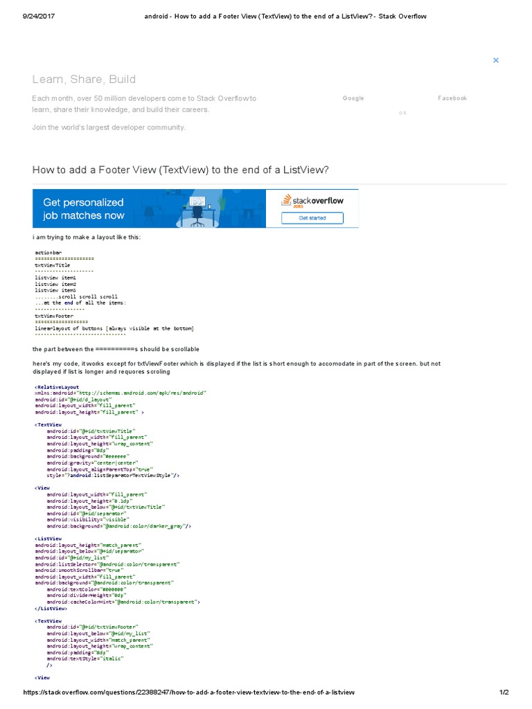 Android How To Add A Footer View Textview To The End Of A Listview Stack Overflow Pdf