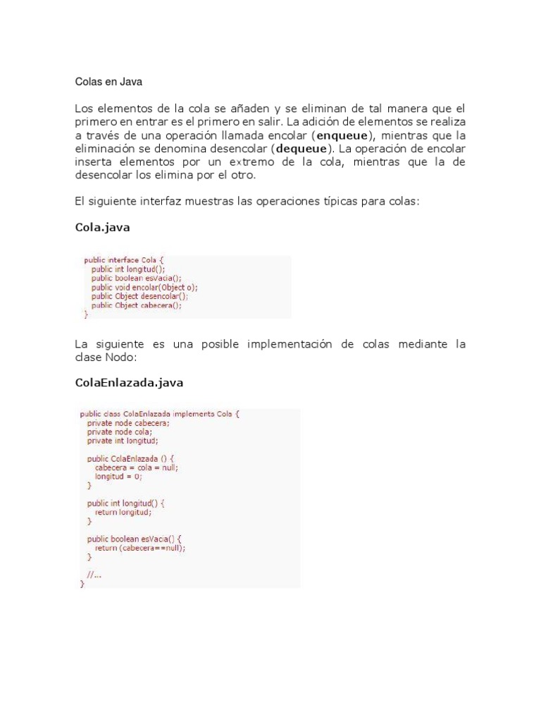 Implementación de colas en Java mediante una clase enlazada | PDF ...