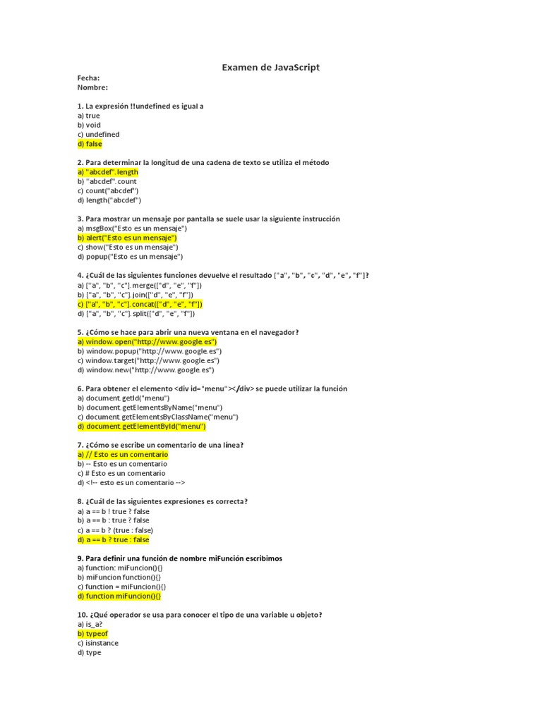 Examen de JavaScript | PDF | Programación de computadoras | Informática