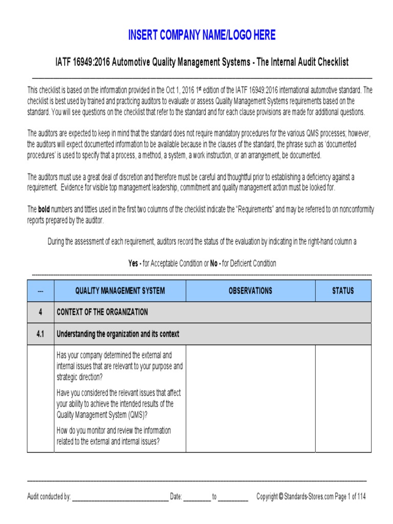 IATF 16949:2016 - Checklist Sample | PDF | Audit | Quality Management