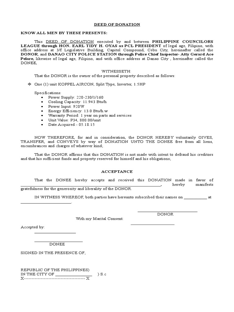 Deed of Donation Sample Form | PDF | Deed | Private Law