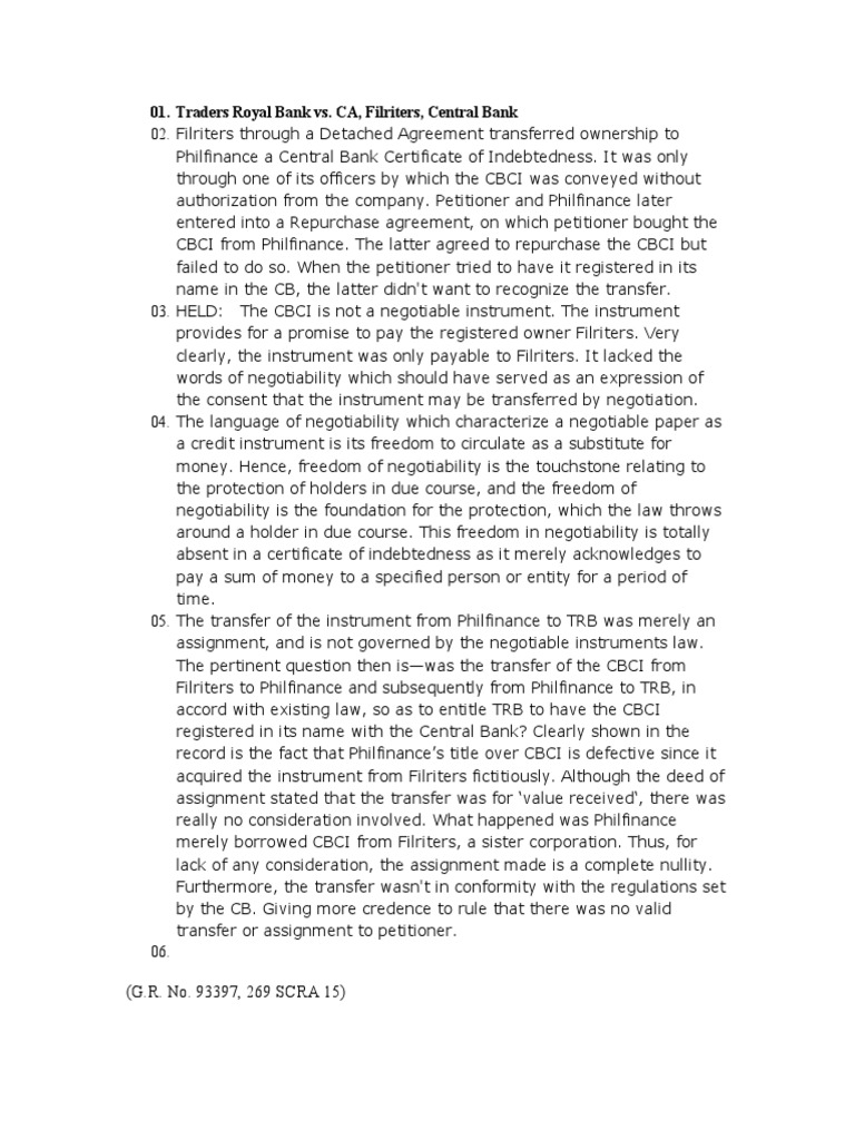 Traders Royal Bank vs. CA, Filriters, Central Bank: (G.R. No. 93397 ...