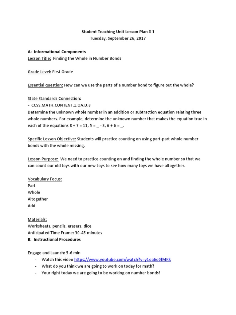 First Grade Number Bonds Lesson Plan | PDF | Lesson Plan | Teaching