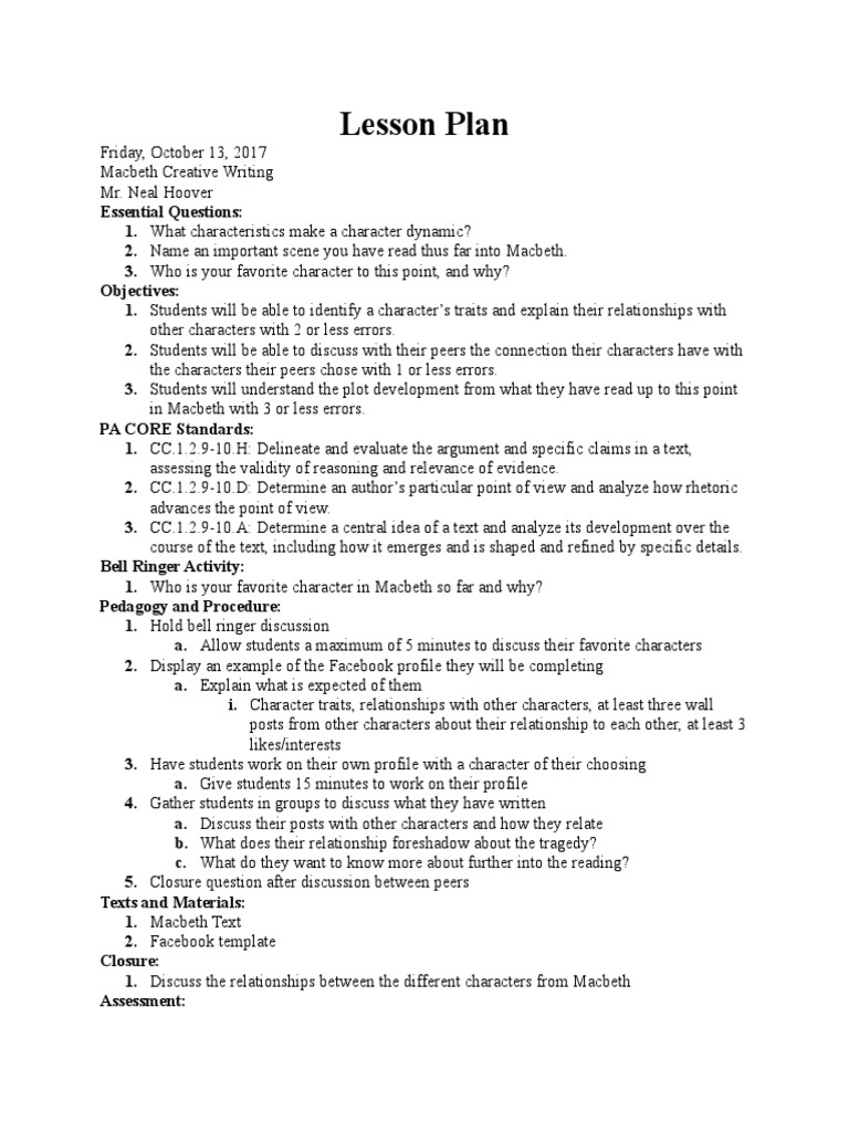 Macbeth Facebook Profile Lesson | PDF | Macbeth | Lesson Plan
