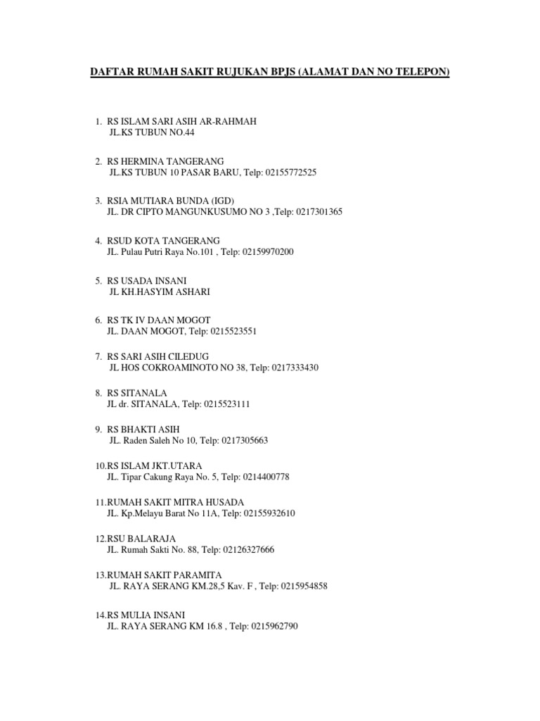 Daftar Nama Rumah Sakit Rujukan Bpjs | PDF