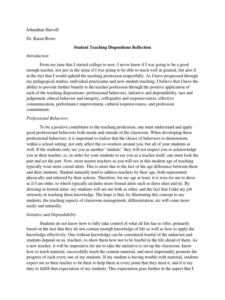 Disposition Reflection | PDF | Teachers | Learning