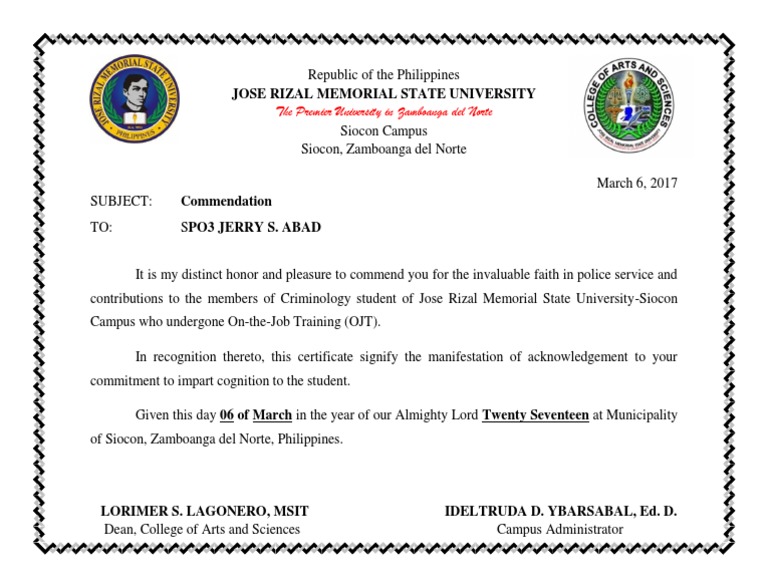 Commendation Letter OJT | PDF