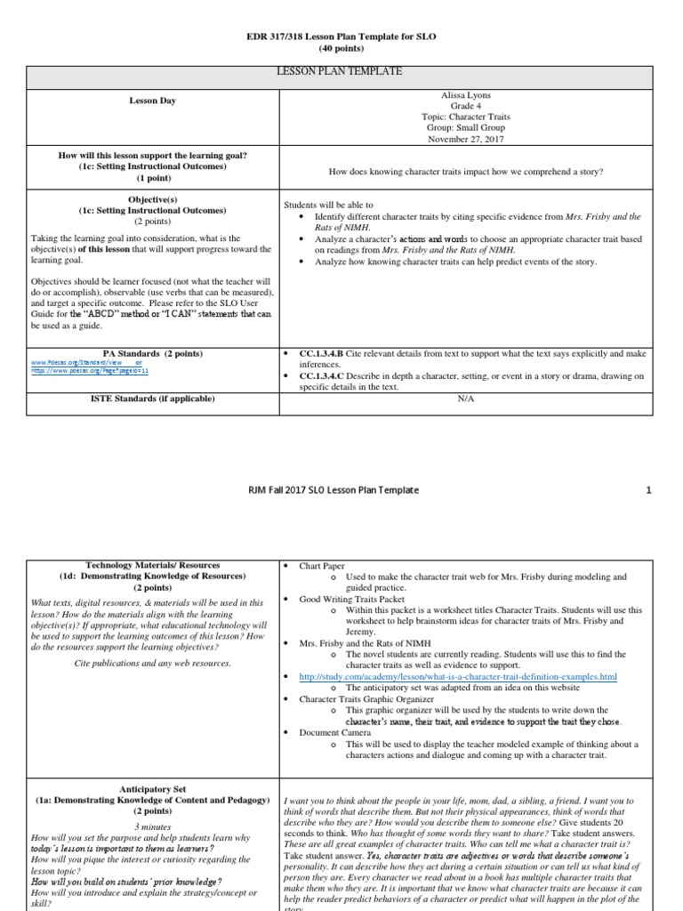 Character Traits Lesson | PDF | Individualized Education Program ...