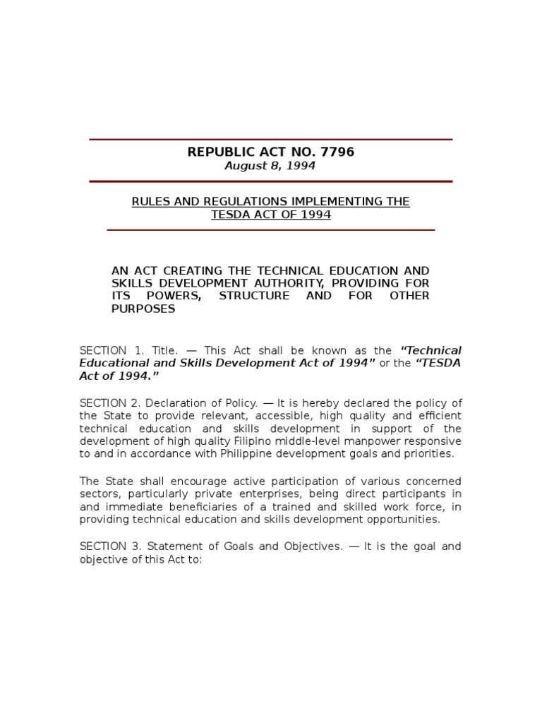 Republic Act No. 7796 (Word) | PDF | Vocational Education | Economies