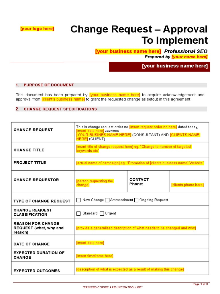 Change Request - Approval To Implement: (Your Business Name Here) | PDF ...
