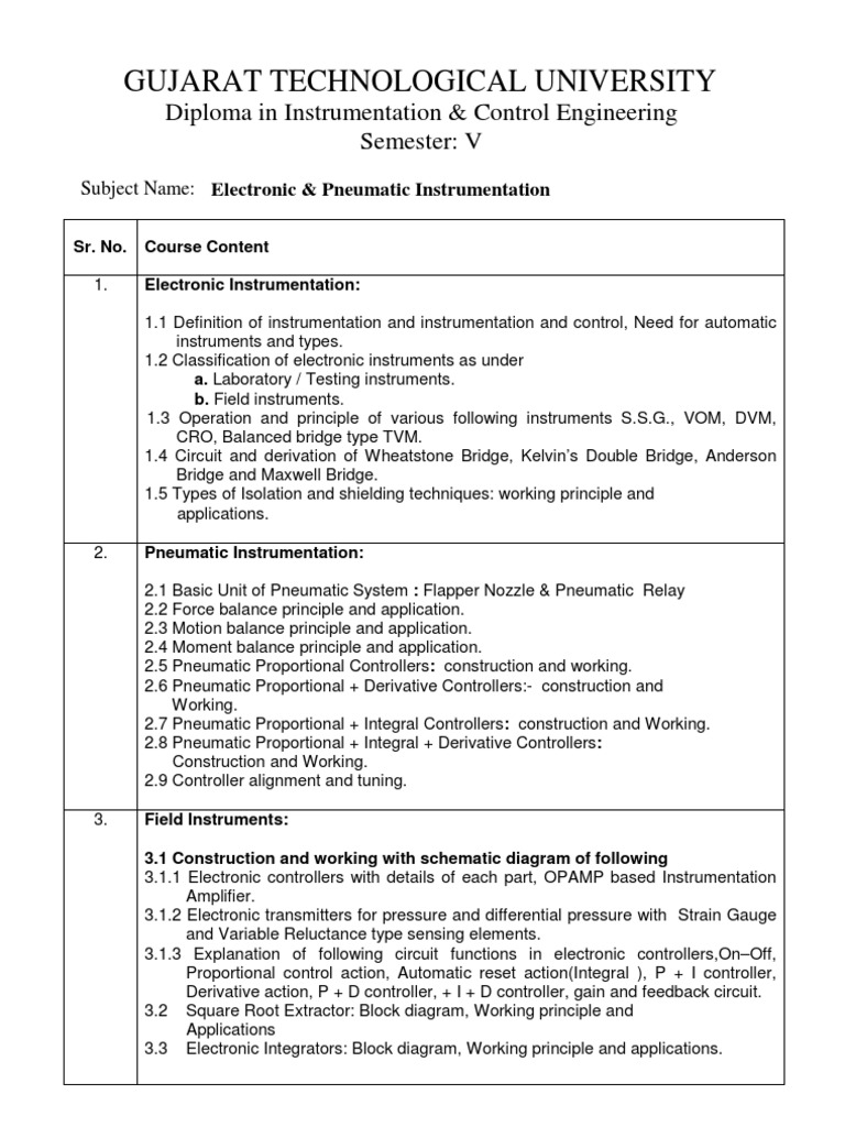 GTU Diploma Instrumentation Control Semester V Electronic Pneumatic ...