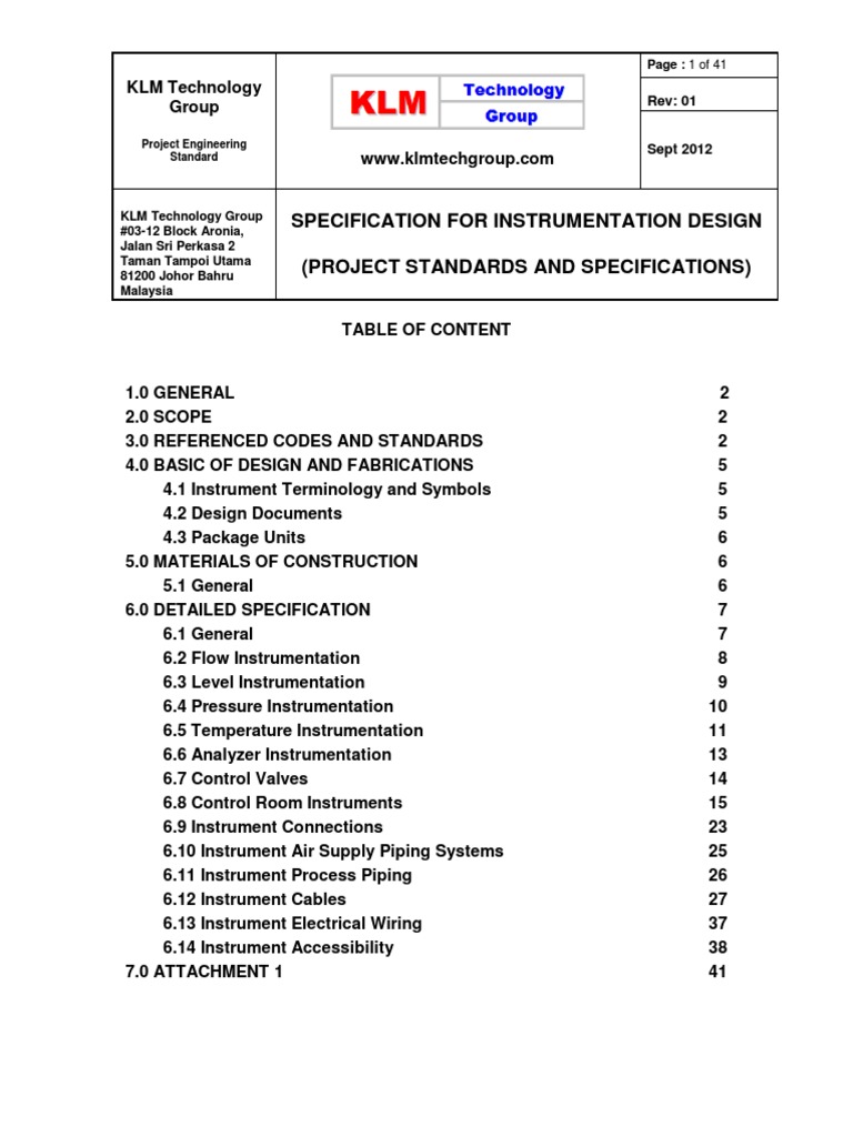 PROJECT STANDARD AND SPECIFICATIONS Instrumentation Specifications Rev01web PDF | Download Free ...