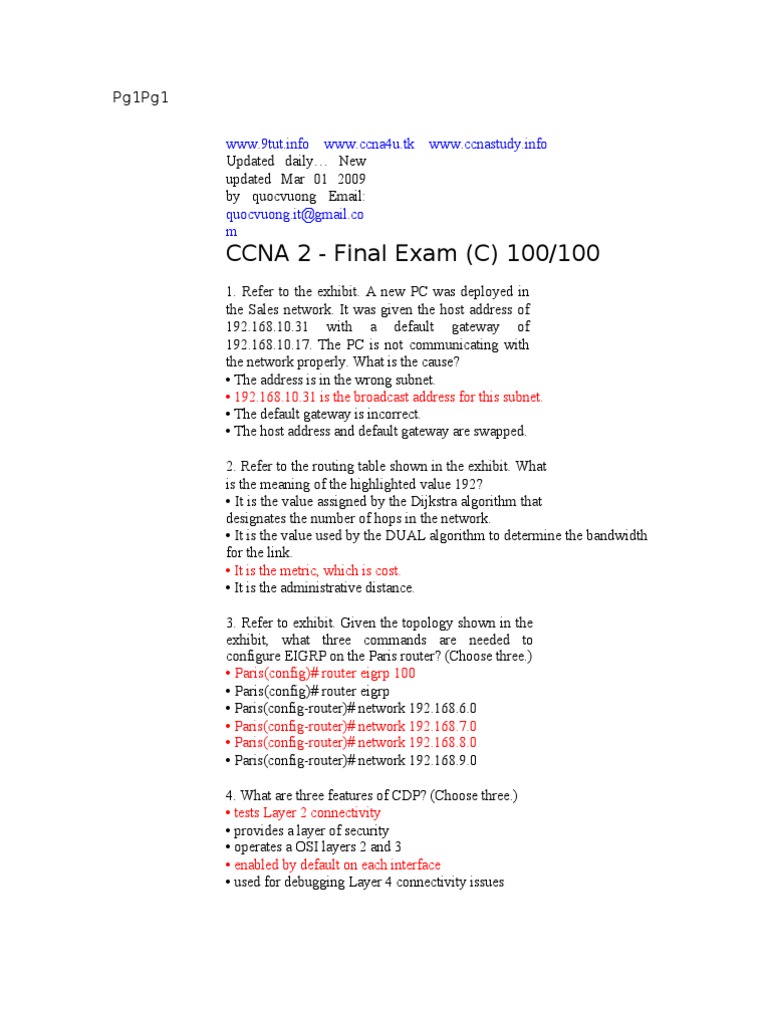 Ccna1 Final Exam Pdf Communications Protocols Computer Network