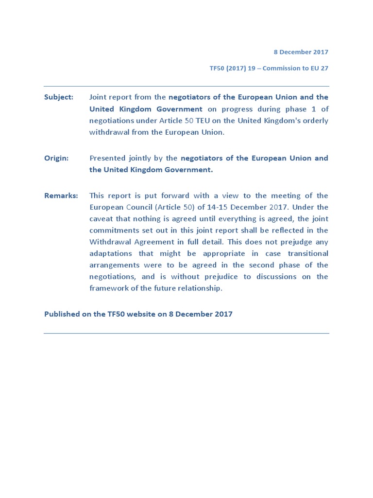 Progress on Article 50 TEU Negotiations | PDF | Article 50 Of The ...
