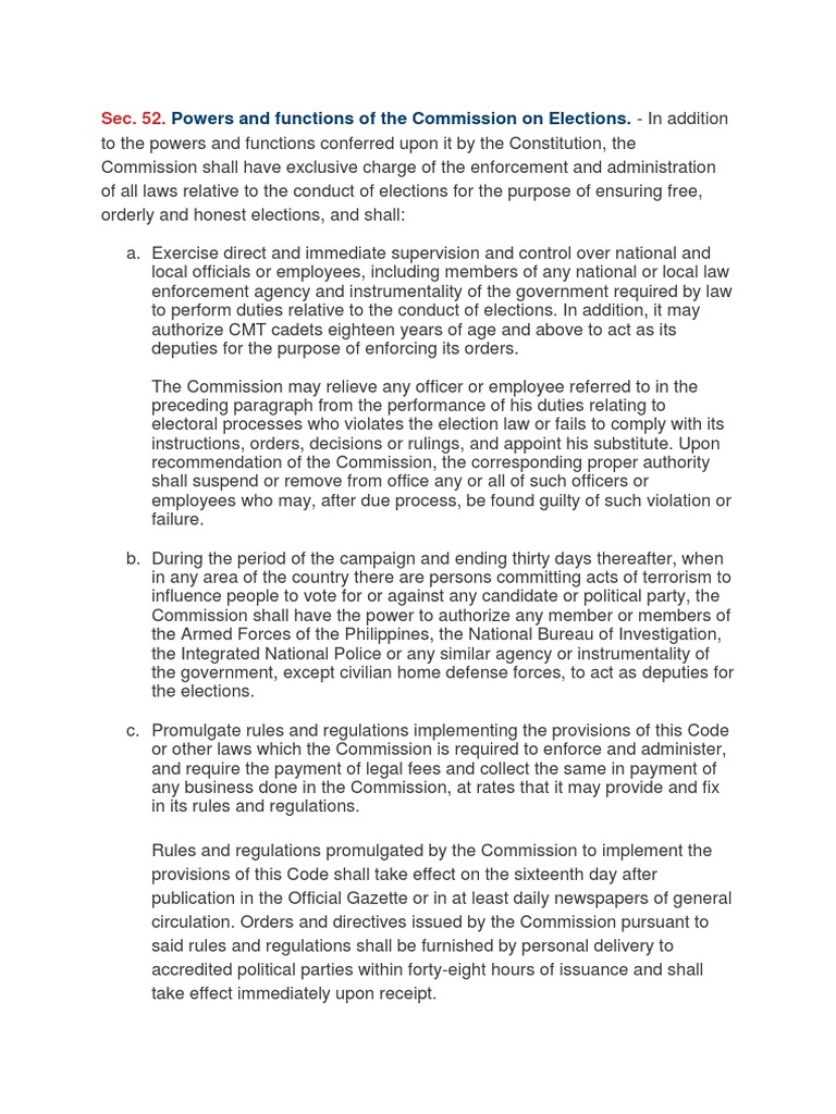 Powers and Functions of The Commission On Elections | PDF | Elections ...
