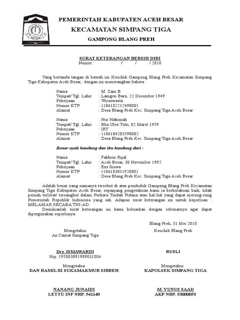 Surat Keterangan Bersih Diri SKBD | PDF