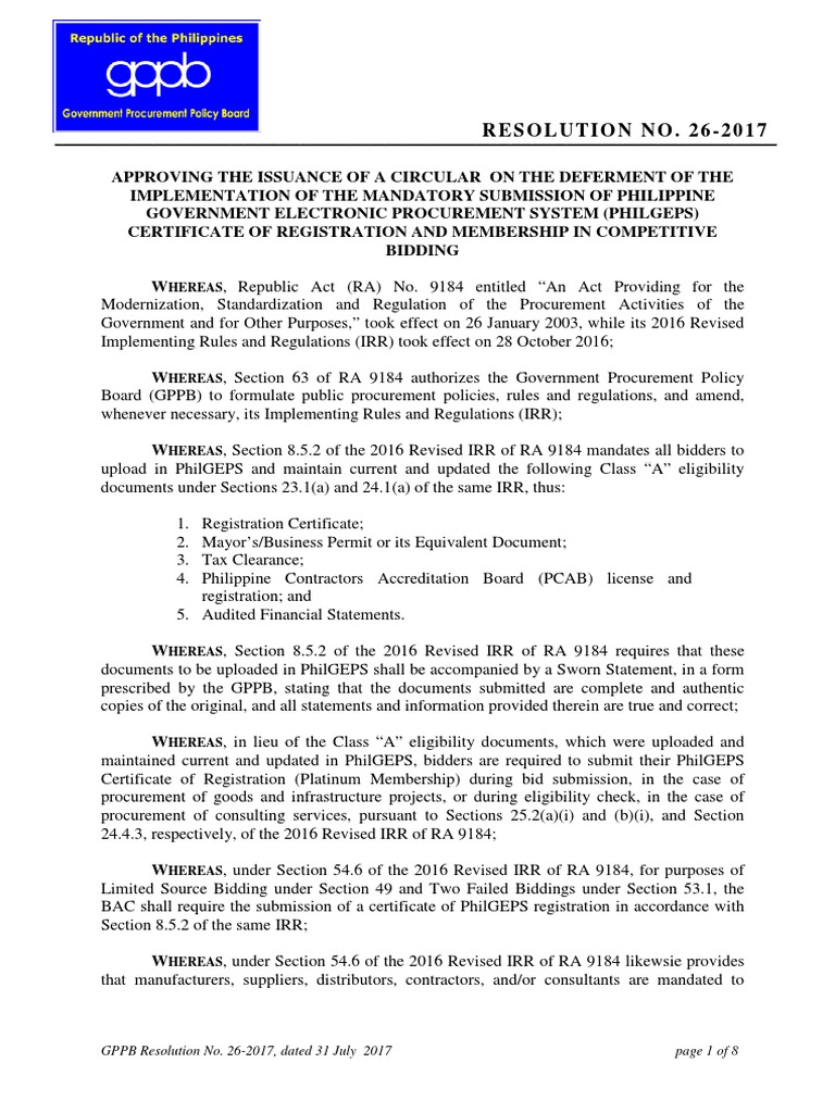 GPPB Resolution No. 26-2017 | Procurement | Audit