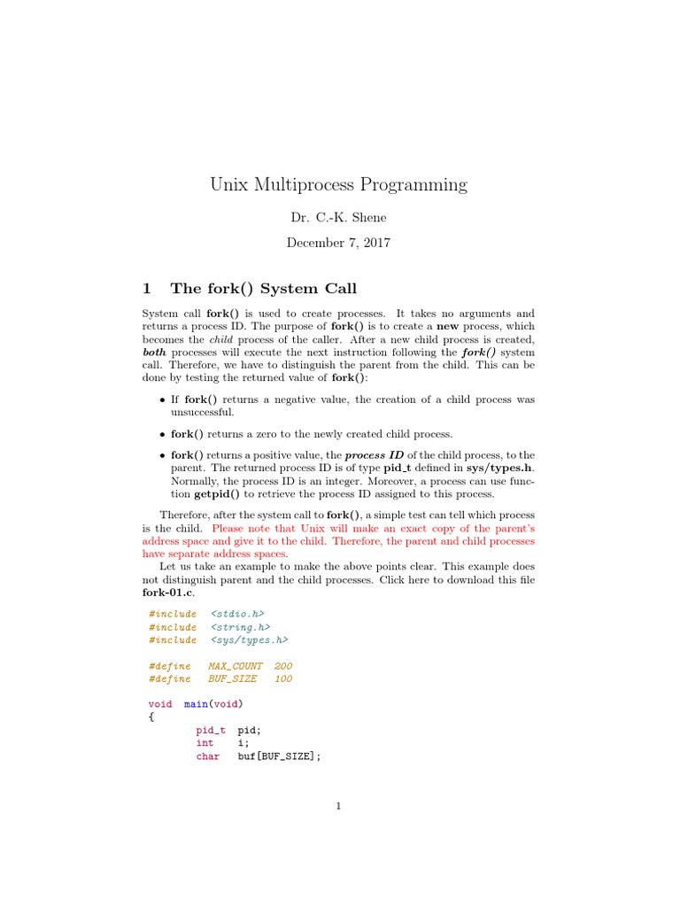 Unix Multiprocess Programming: 1 The Fork System Call | PDF | Computer Engineering | Computer ...