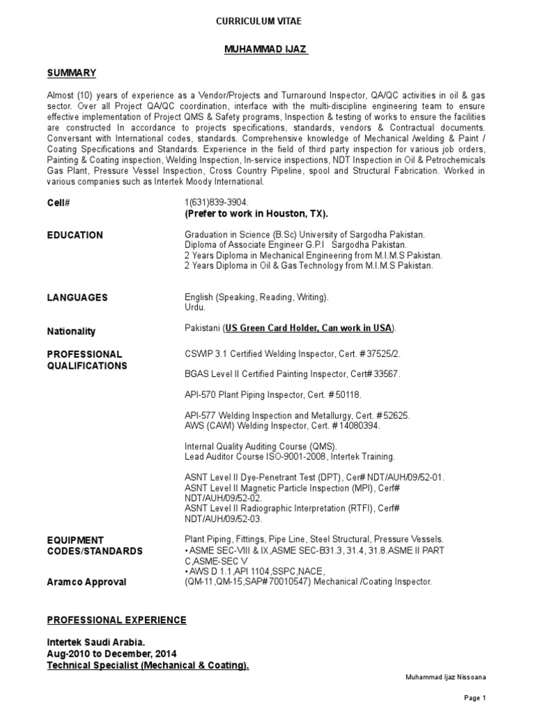 Aramco CV for QA/QC Inspector | PDF | Nondestructive Testing | Pipe ...