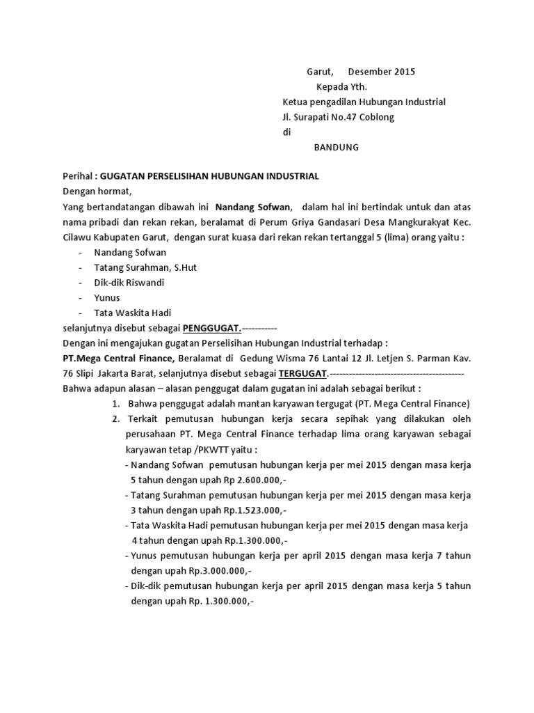 Contoh Surat Gugatan Ke PHI | PDF